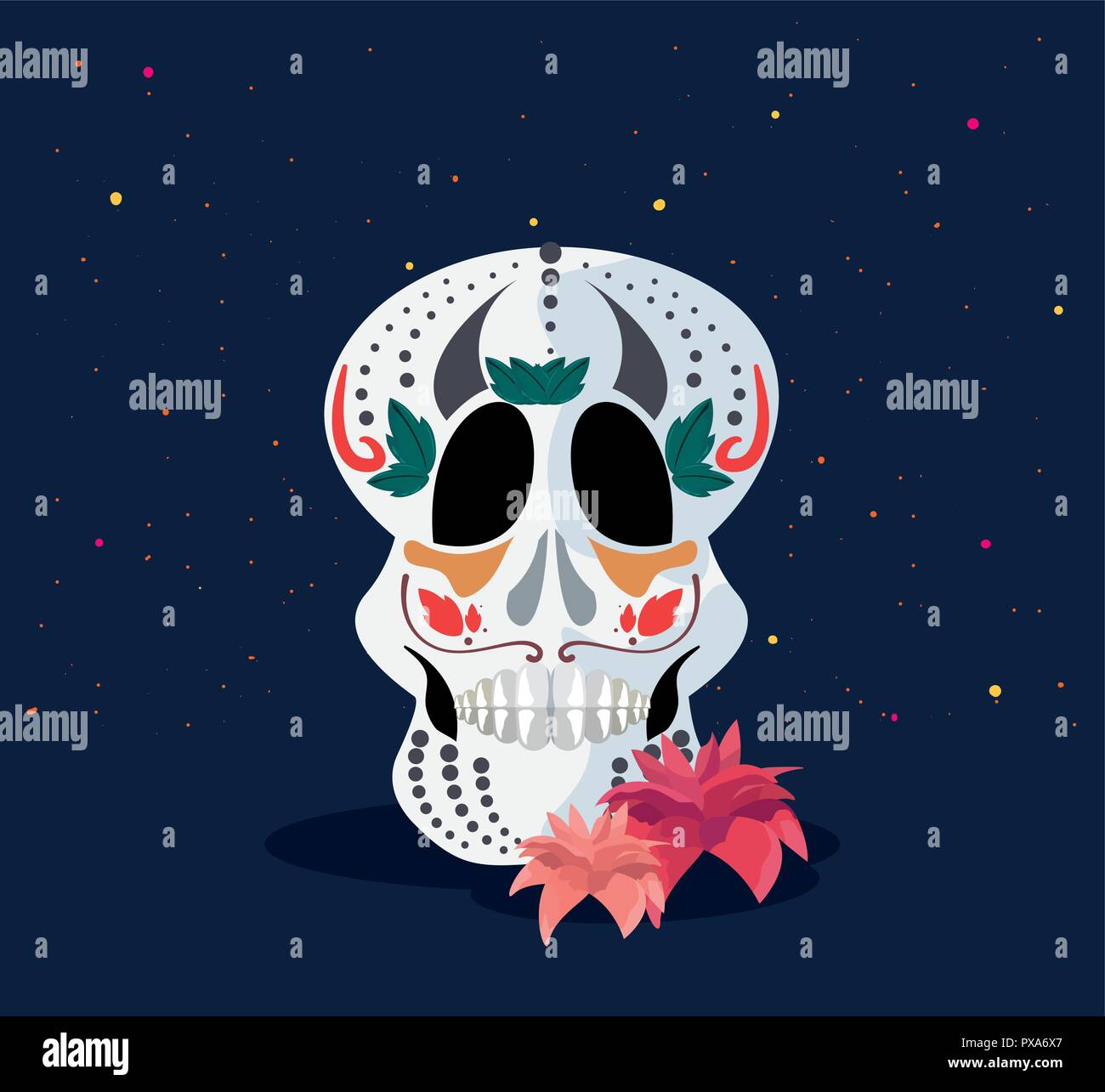 day of the dead skull moustache flowers confetti vector illustration ...
