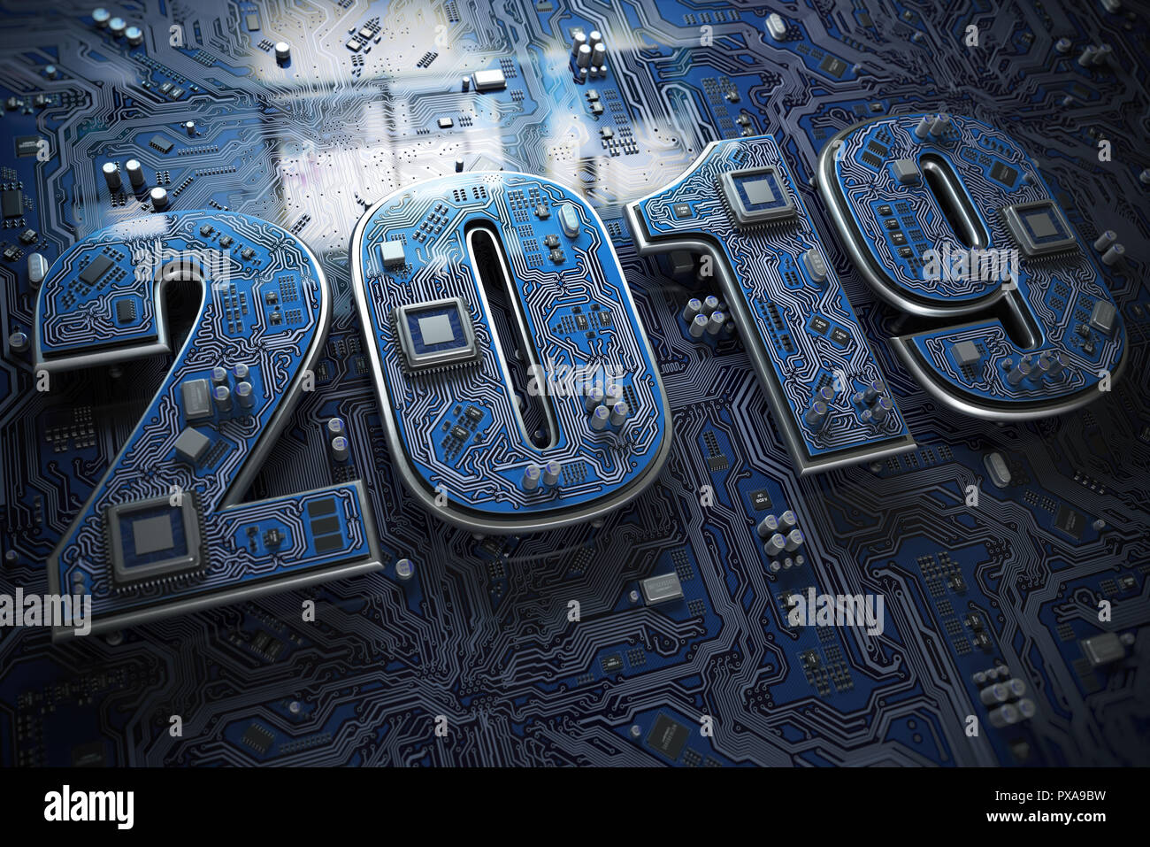 2019 on circuit board or motherboard with cpu. Computer technology and ...