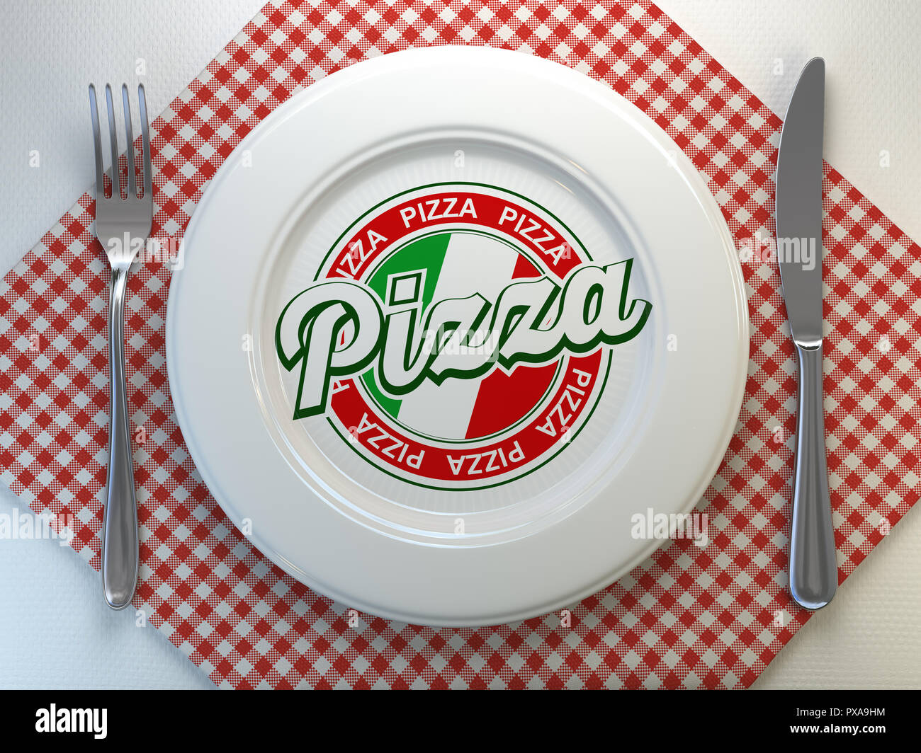 Pizza text on the plate in italian restaurant. Top view. 3d ...