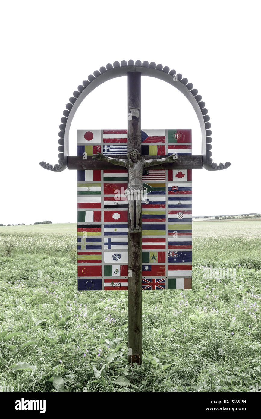 Jesus on cross with international flags, Okres Znojmo, Southern Moravia ...