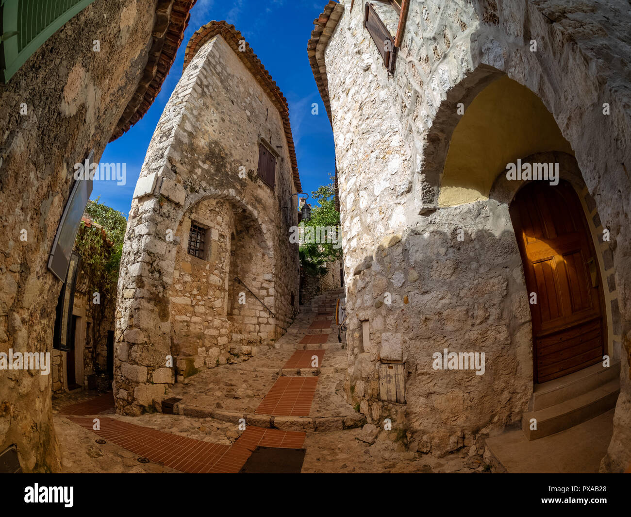 Medieval architecture inside Eze citadel and village, with walls made ...