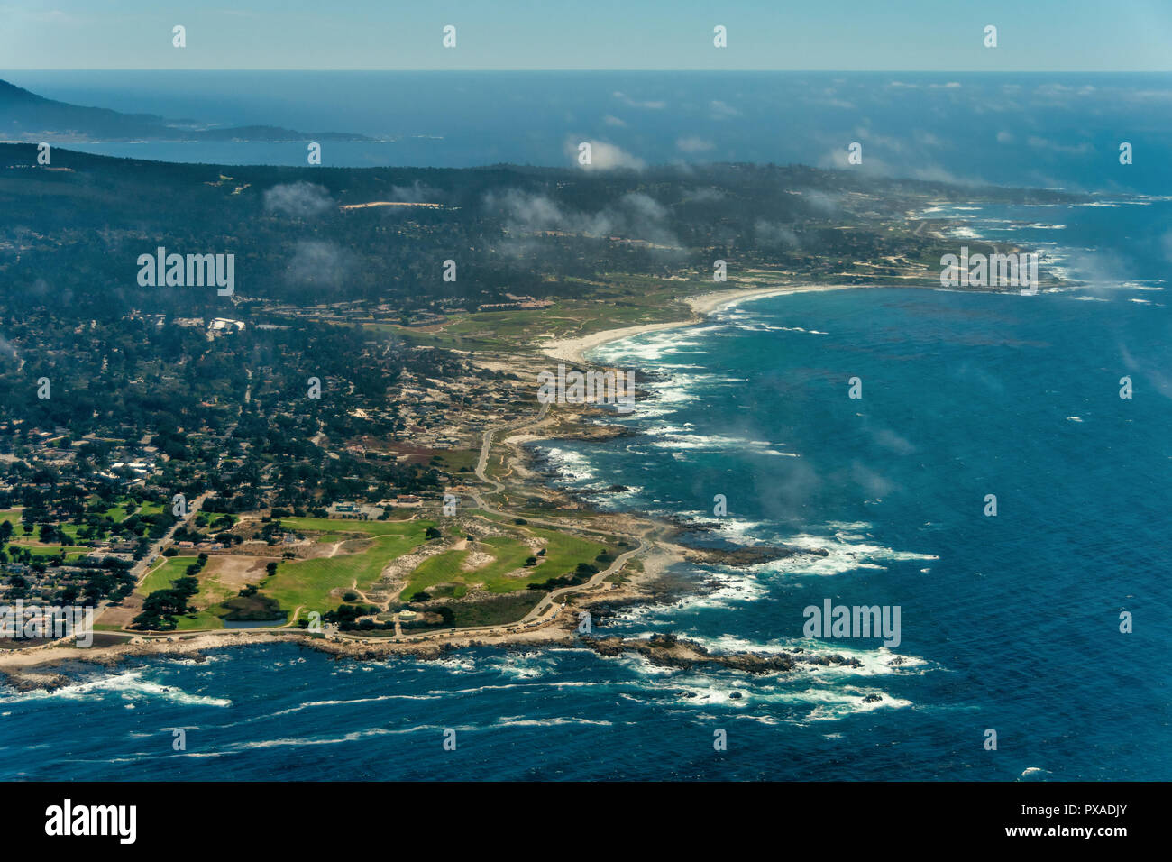 Pebble beach on Monterey peninsula in California seen from the plane ...