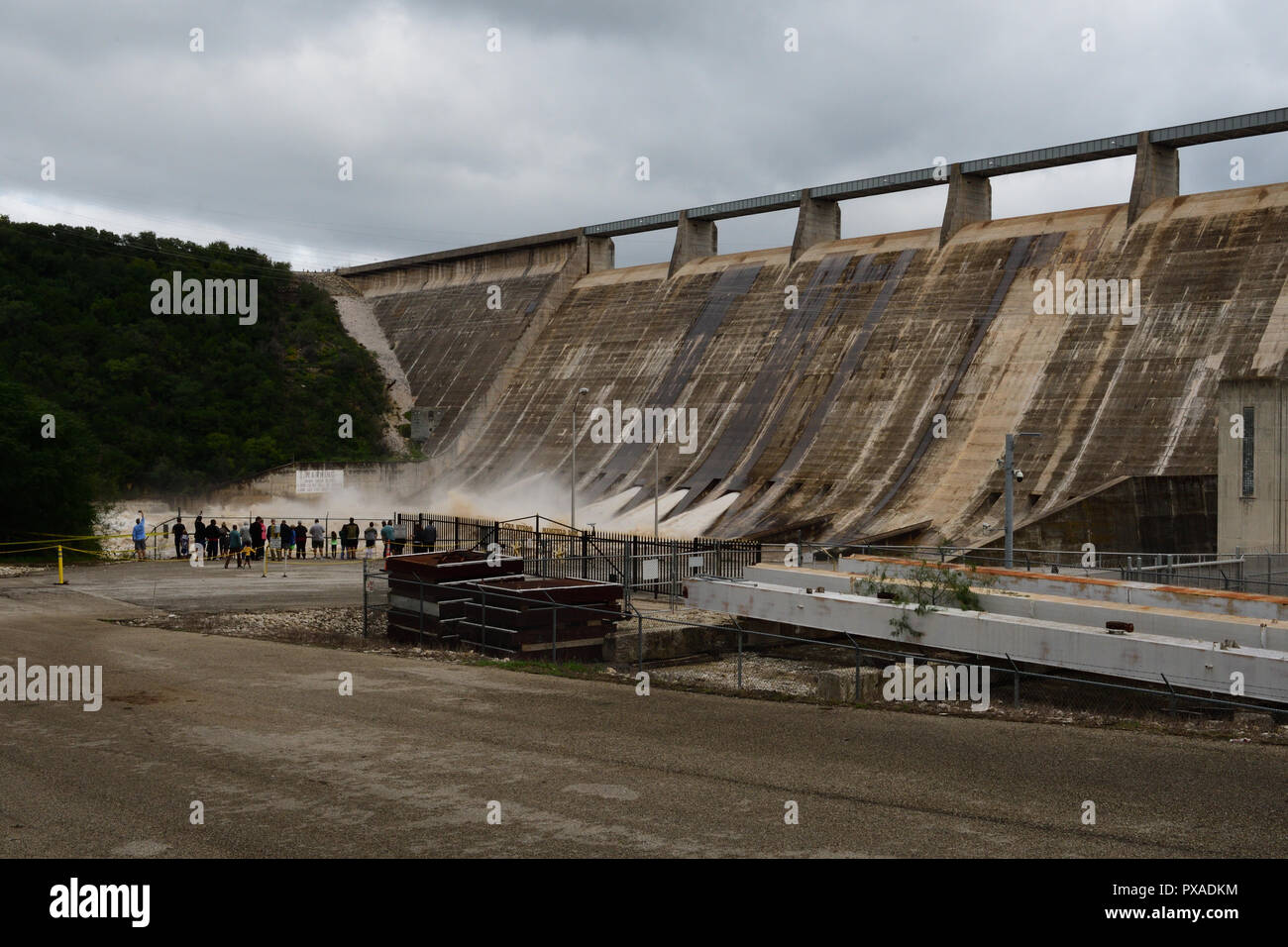 People observing release of water from Mansfield Dam, Austin, Texas USA ...