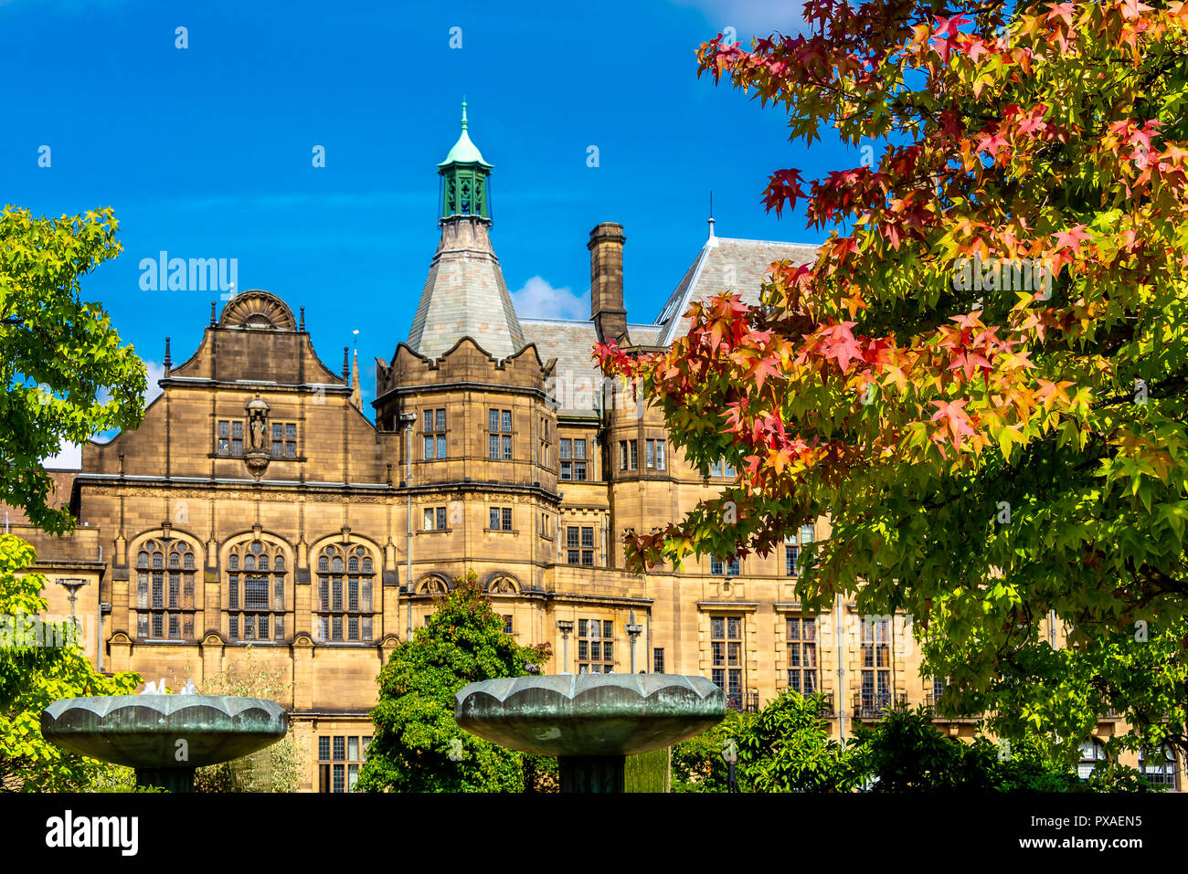 Sheffield, UK - Aug 30 2018: Peace Garden public open town hall square ...