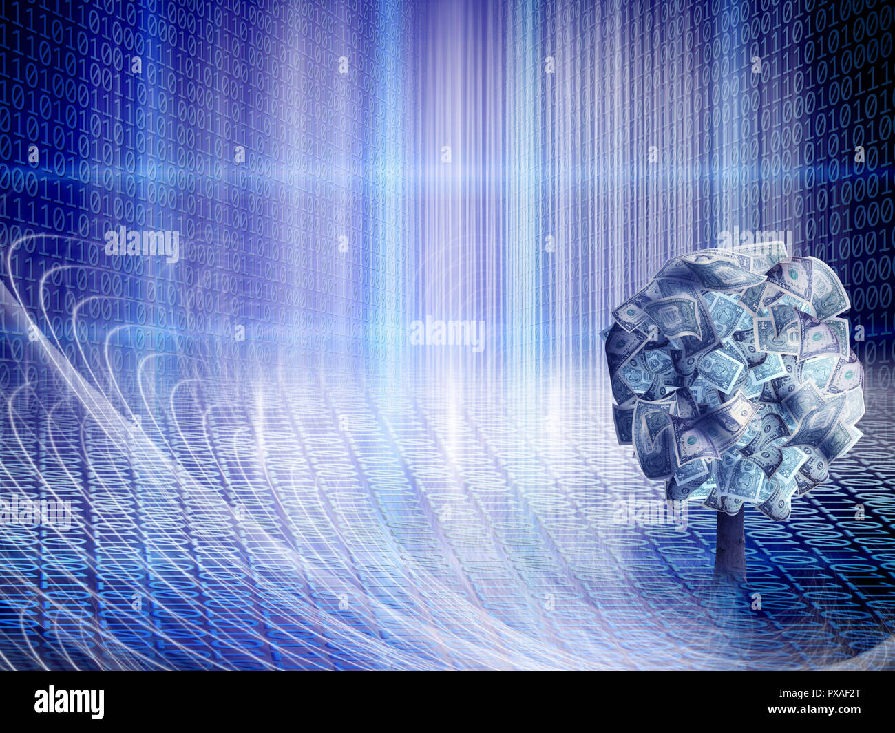 Conceptual money tree with dollar bills in abstract structural lights ...