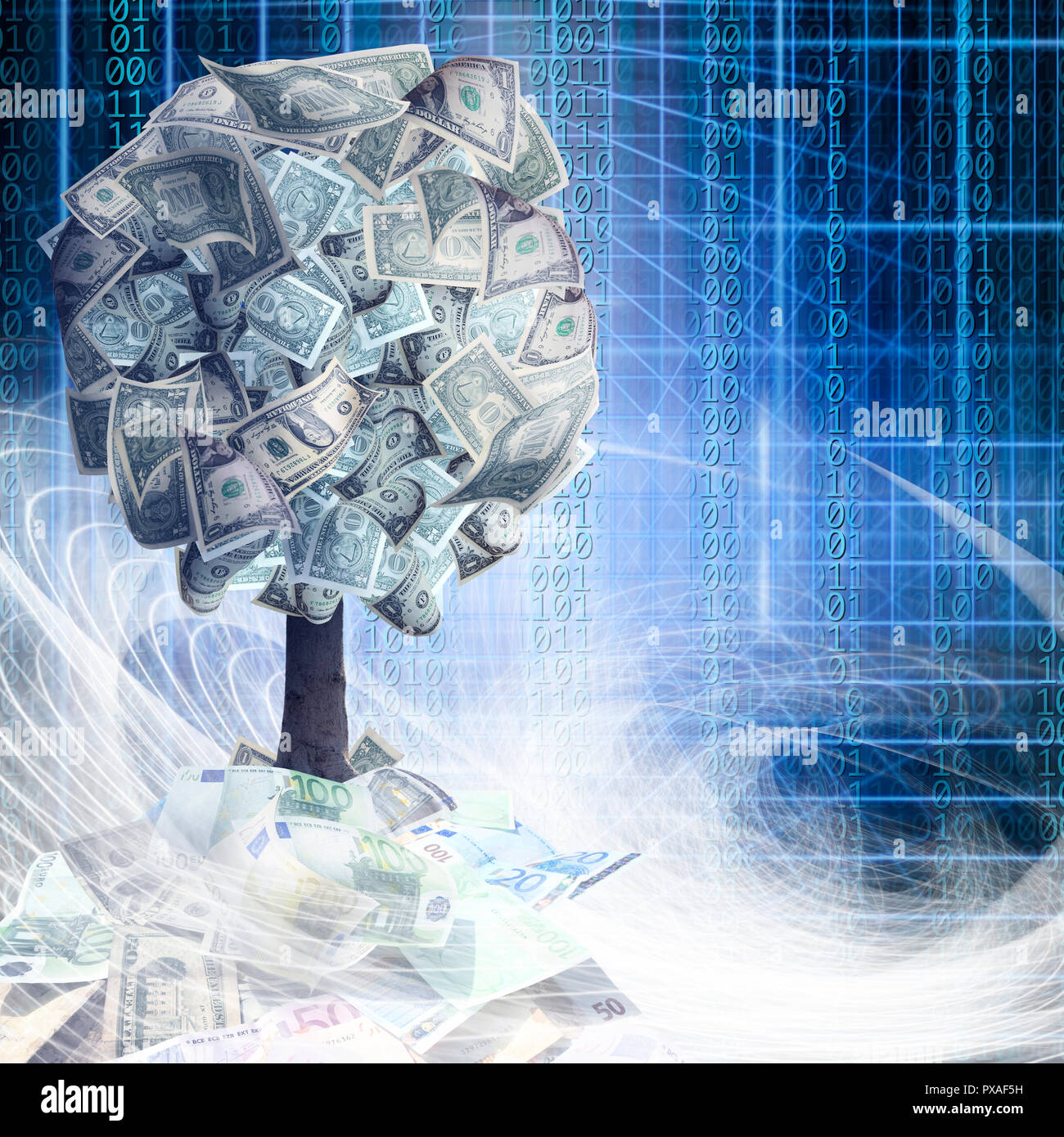 Conceptual money tree with dollar bills in abstract structural lights ...