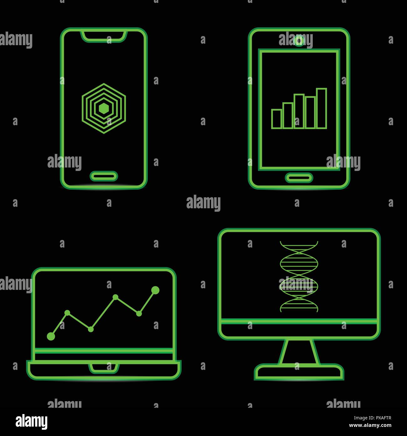 Green neon technology icons on black background, stock vector Stock ...