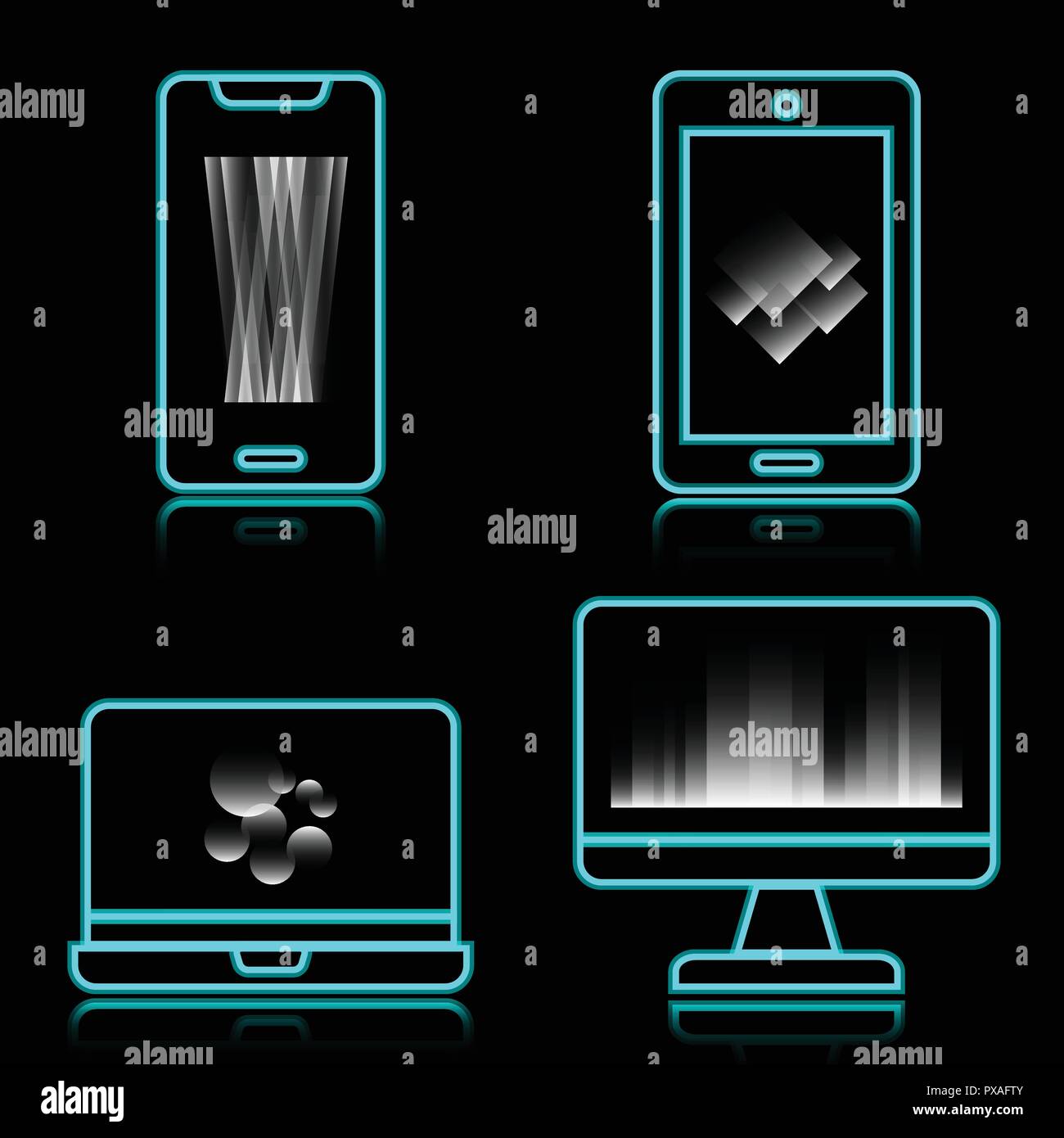 Blue neon technology icons with reflect on black background, stock ...