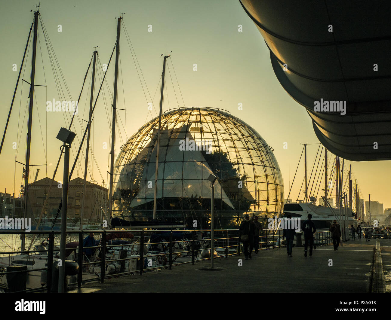 The Biosphere (glass & steel dome designed by Renzo Piano) next to the ...