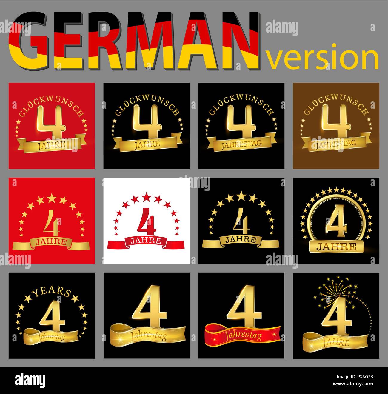 Set of number four (4 years) celebration design. Anniversary golden ...