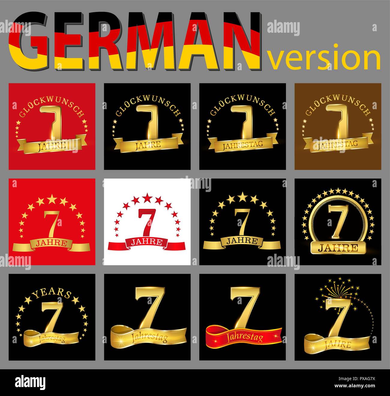 Set of number seven (7 years) celebration design. Anniversary golden ...