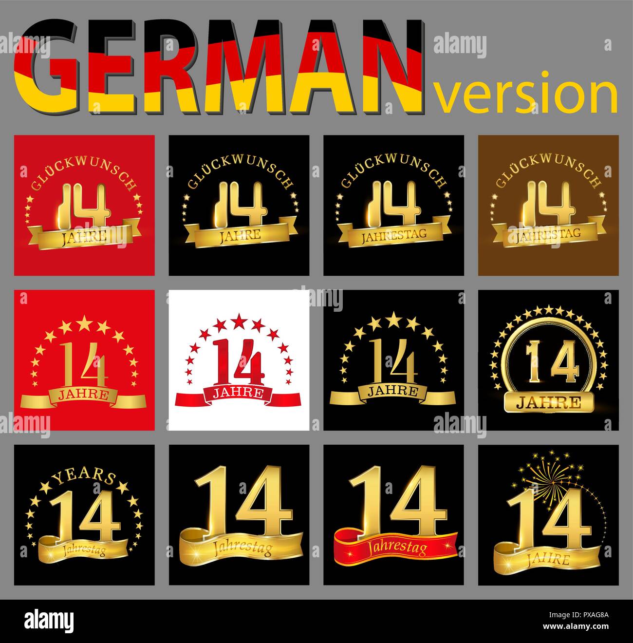 Set of number fourteen (14 years) celebration design. Anniversary ...