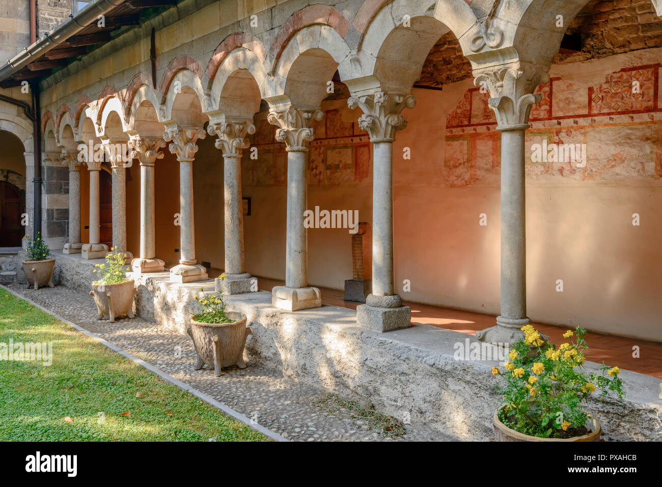 detail of mullions and arches at Romanesque cloister of Abbey on shore ...