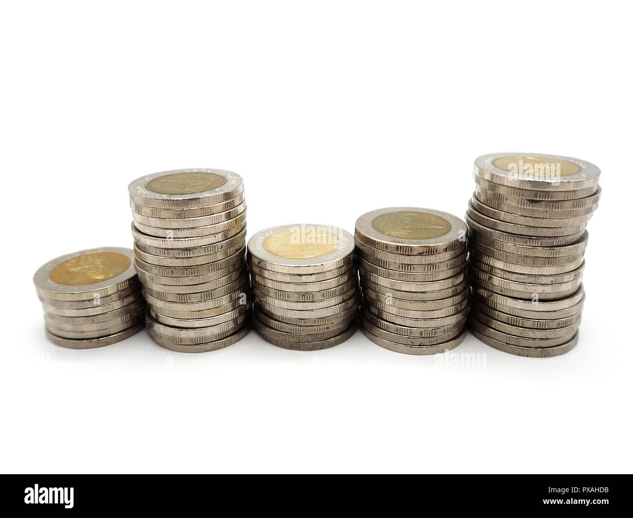 Saving money concept with money coin stack isolated on white background ...