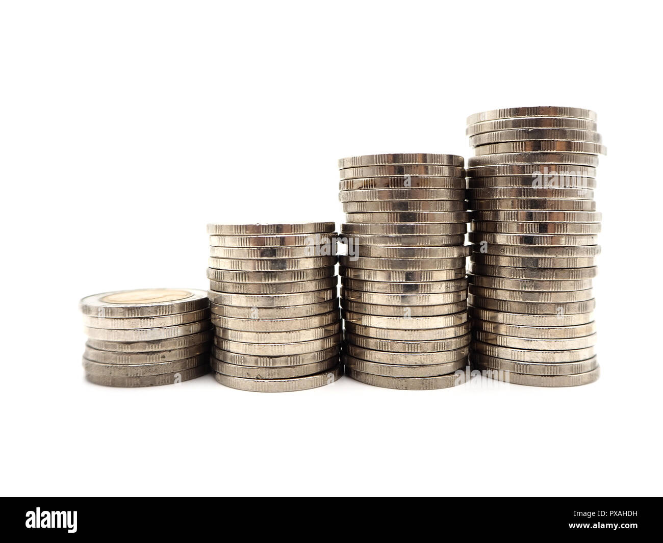 Saving money concept with money coin stack isolated on white background ...