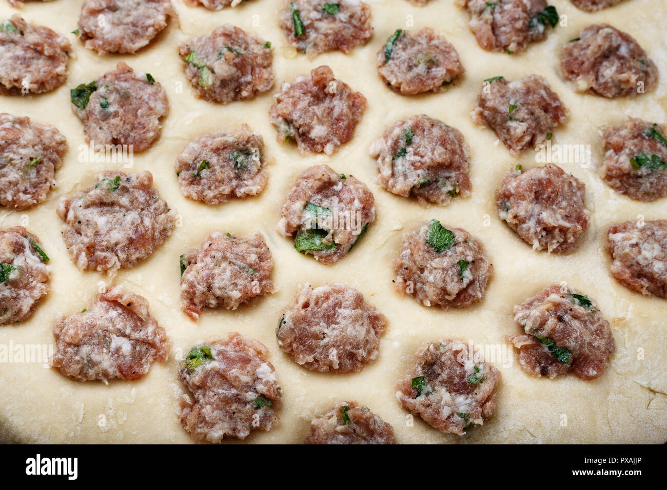 Preparation of pelmeni from pork forcemeat with spices at home. dough ...