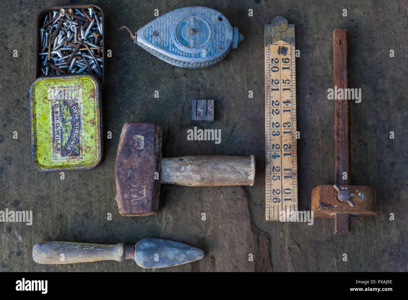 Still life of working man's tools Stock Photo - Alamy