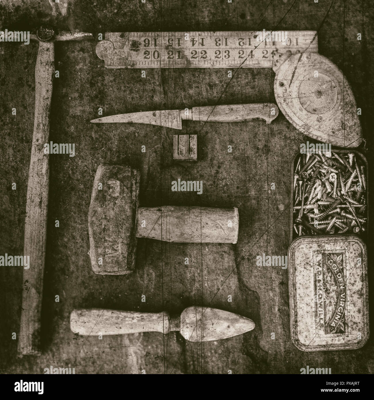 Still life of working man's tools with monochrome wet plate effect ...