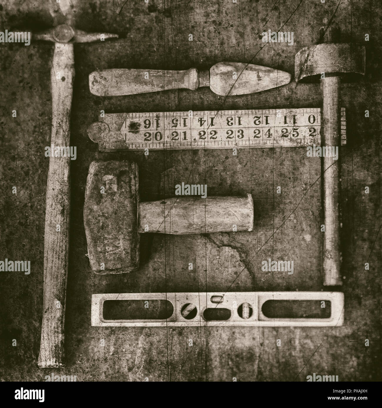 Still life of working man's tools with monochrome wet plate effect ...
