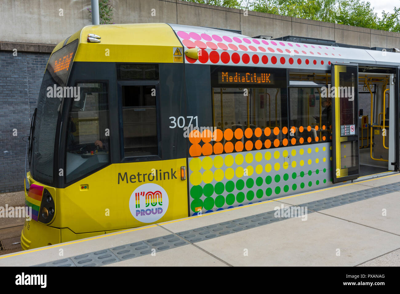 The Rainbow Tram, a Manchester Metrolink tram decorated with rainbow ...