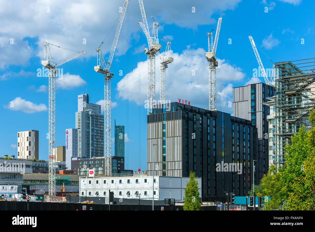 Tower cranes and the Vita Student apartment block at the Circle Square ...