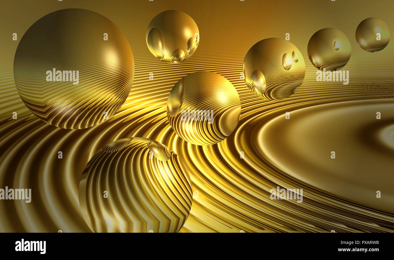 golden 3d spheres with ripple futuristic graphic background Stock Photo ...