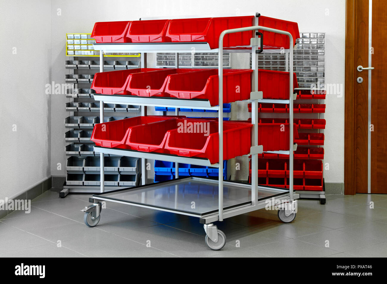 Shelves for inventory in garage and workshop Stock Photo - Alamy