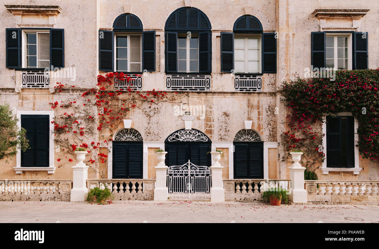 Ancient maltese house with red bougainvillea in the wall Stock Photo ...