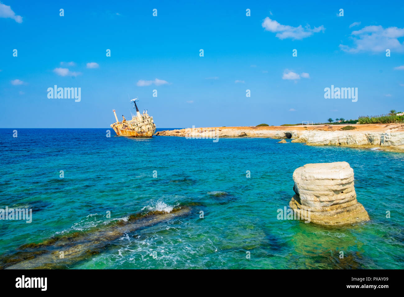 Abandoned rusty ship wreck EDRO III in Pegeia, Paphos, Cyprus. It is ...