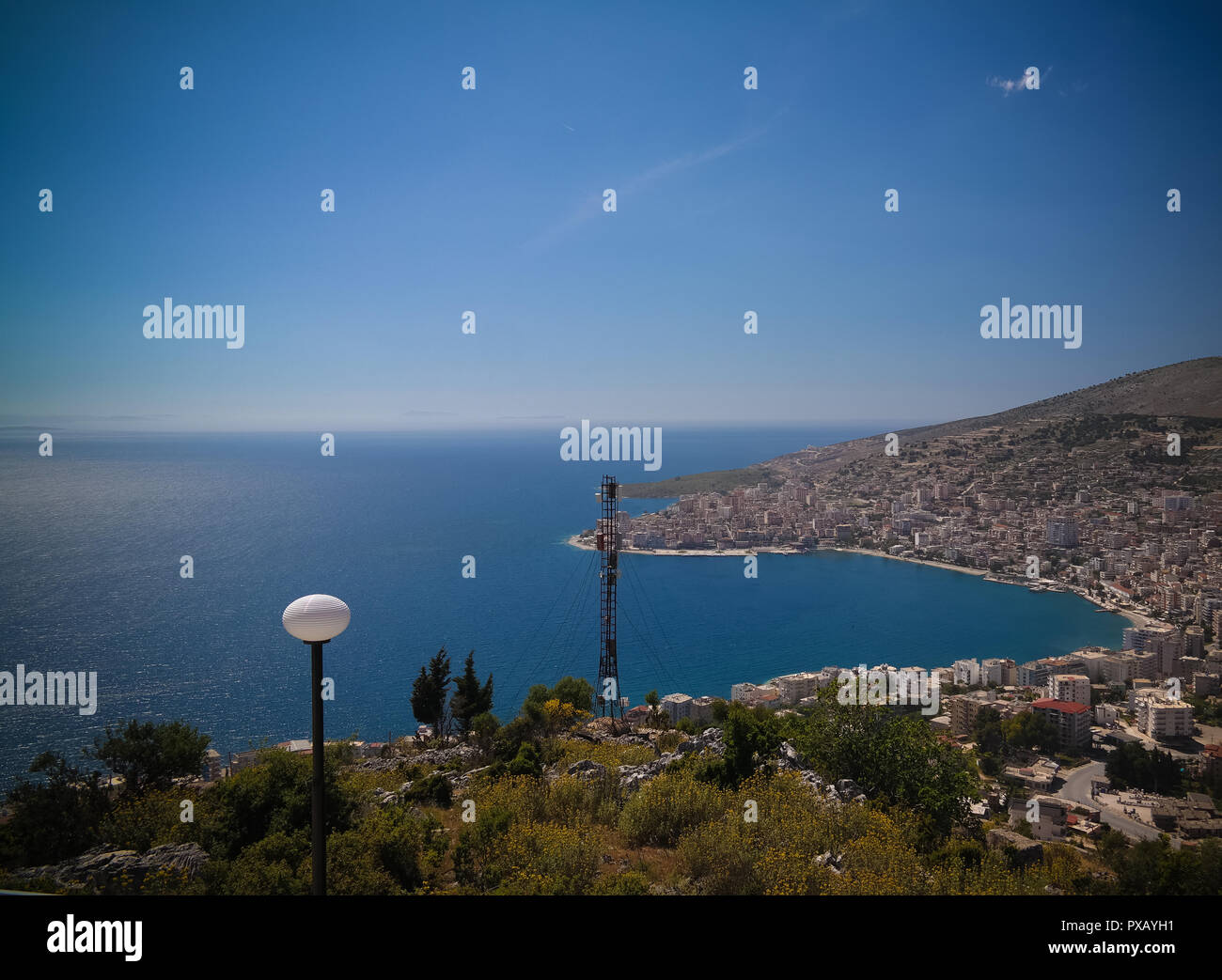 Aerial Panoramic view to Saranda city and bay of Ionian sea from ...