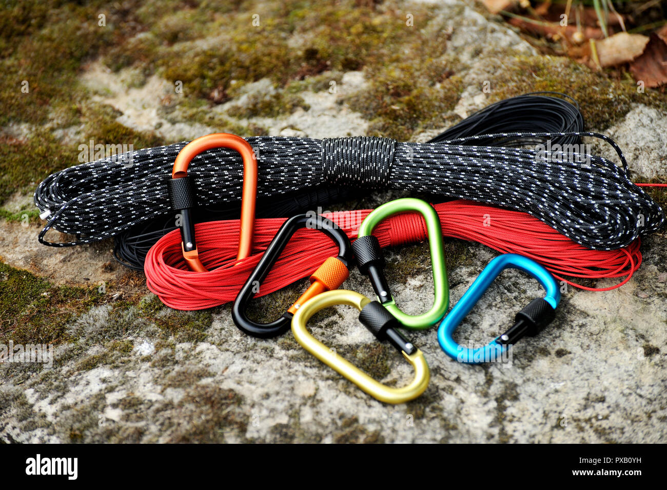Metal carabine and rope for mountaineering. Photo of colored carabines ...