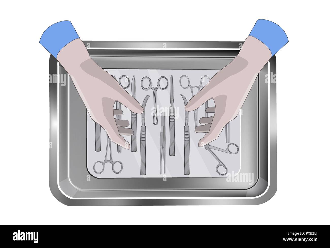 Surgeon's hands above the tray with medical instruments. Hands in ...
