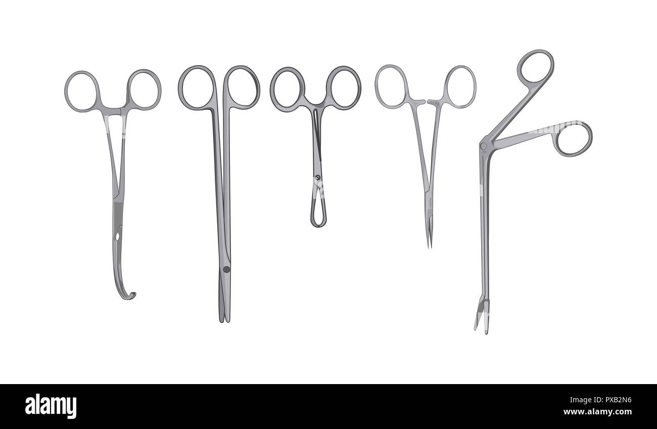 Surgical scissors and clamps isolated on white background. Medical ...