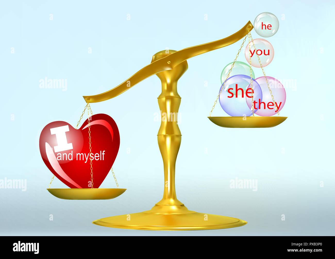 scales of egoist. conceptual balanse with heart and bubbles Stock ...