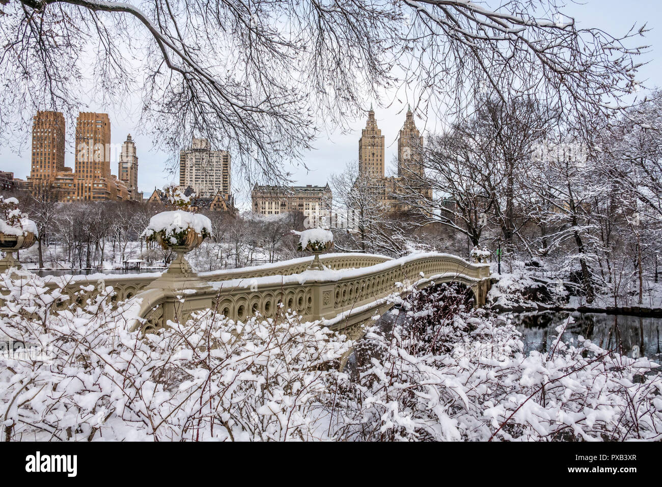 Central Park, Manhattan, New York City in winter at the bow bridge ...