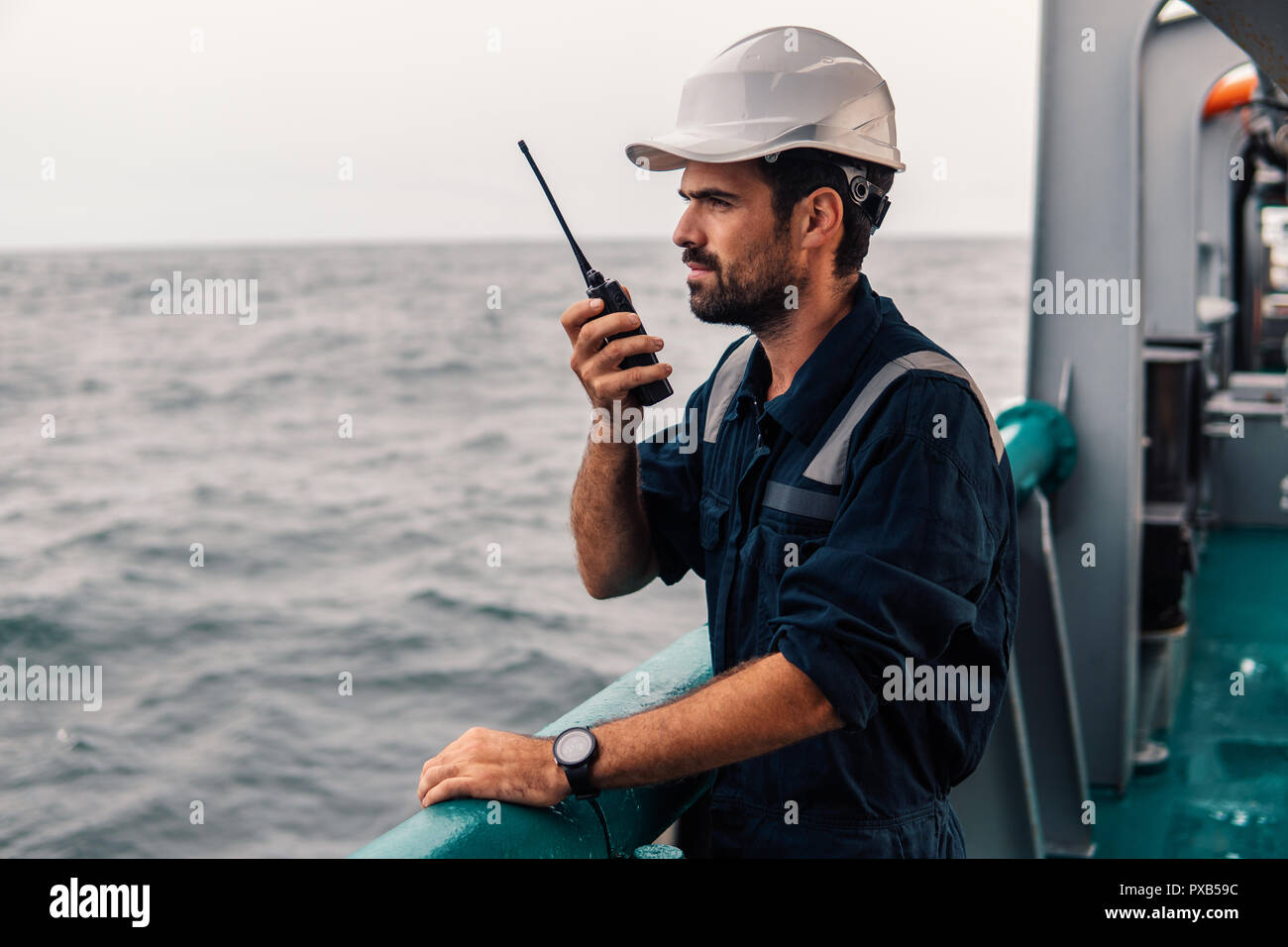Marine Deck Officer or Chief mate on deck of vessel or ship Stock Photo ...