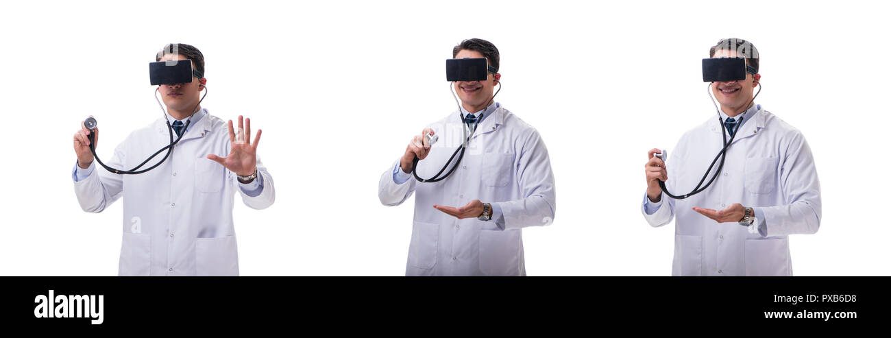 Doctor wearing a vr virtual reality headset isolated on white ...