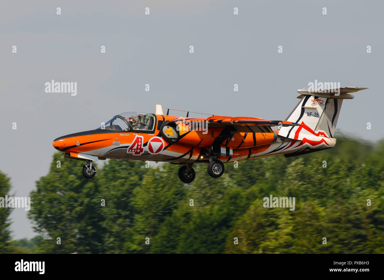 Saab 105 jet plane of the Austrian Air Force in special tiger stripe paint scheme. 40th ...