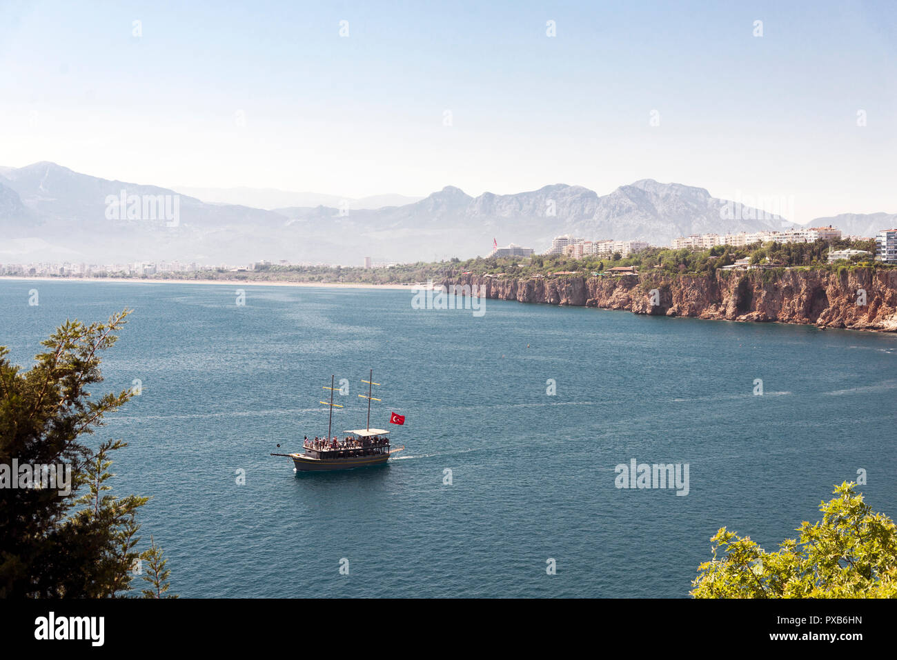 Antalya, Turkey - April 22, 2018: Mountains and a yatch in the sea ...