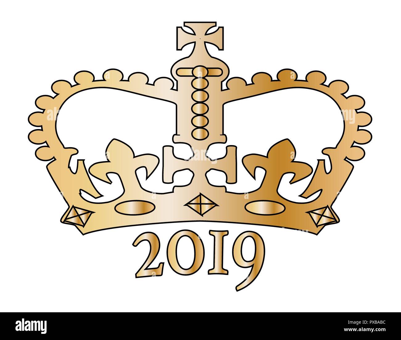 A golden crown with the year 2019 below all isolated on a white ...
