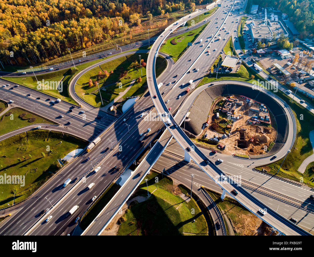 Aerial view of a freeway intersection traffic trails in Moscow Stock ...