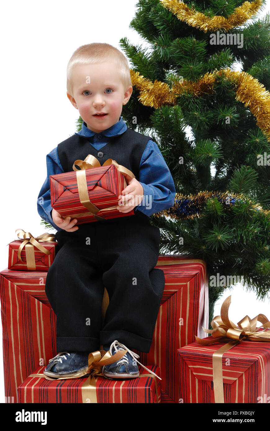 Little boy with Christmas tree on white background, isolated Stock ...