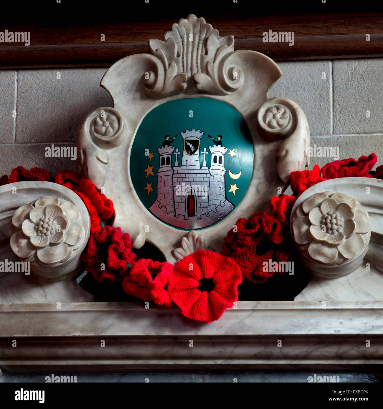 The decorated badge of Warwick town inside St. Mary`s Church as part of ...