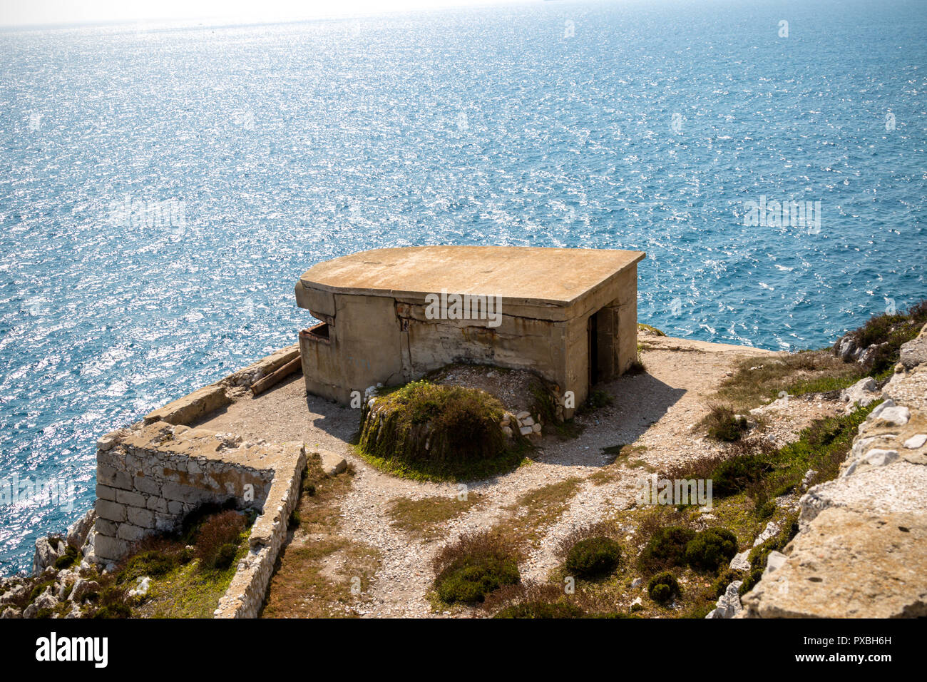 Bunker at Europa Point, southern end of Gibraltar. Gibraltar is a ...
