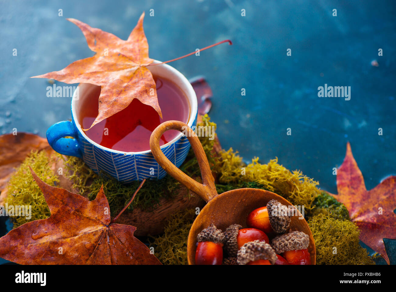 Autumn tea header with blue ceramic cup, acorns in a wooden scoop and ...