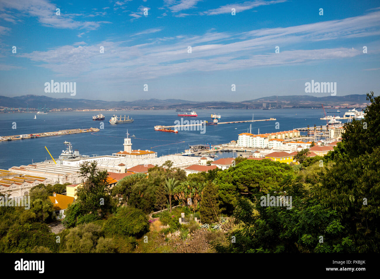 The town and harbour of Gibraltar viewed from up the Rock. Gibraltar is ...