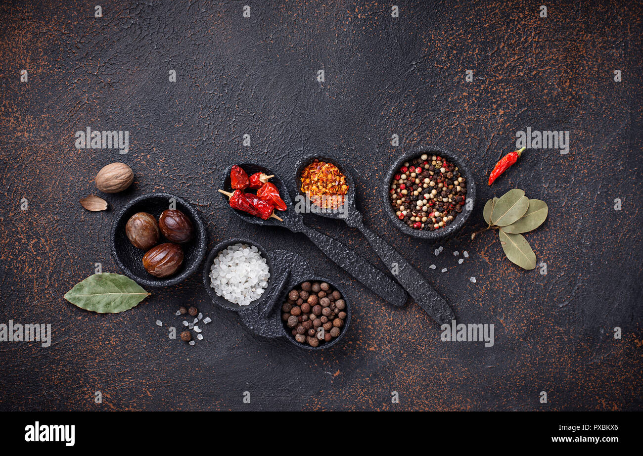 Various type of dry herbs and spices. Top view, space dor text Stock ...