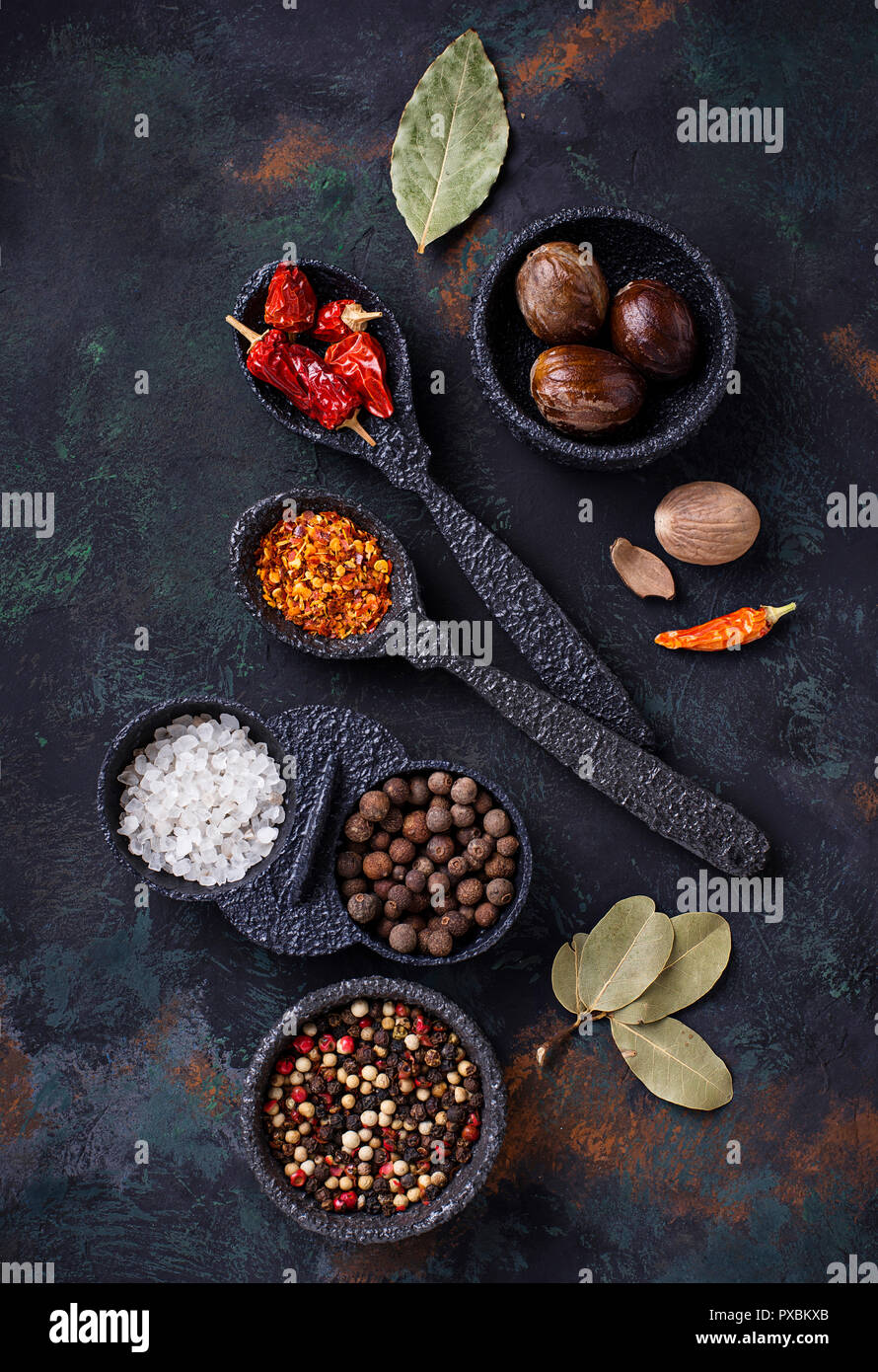 Various type of dry herbs and spices. Top view, space dor text Stock ...