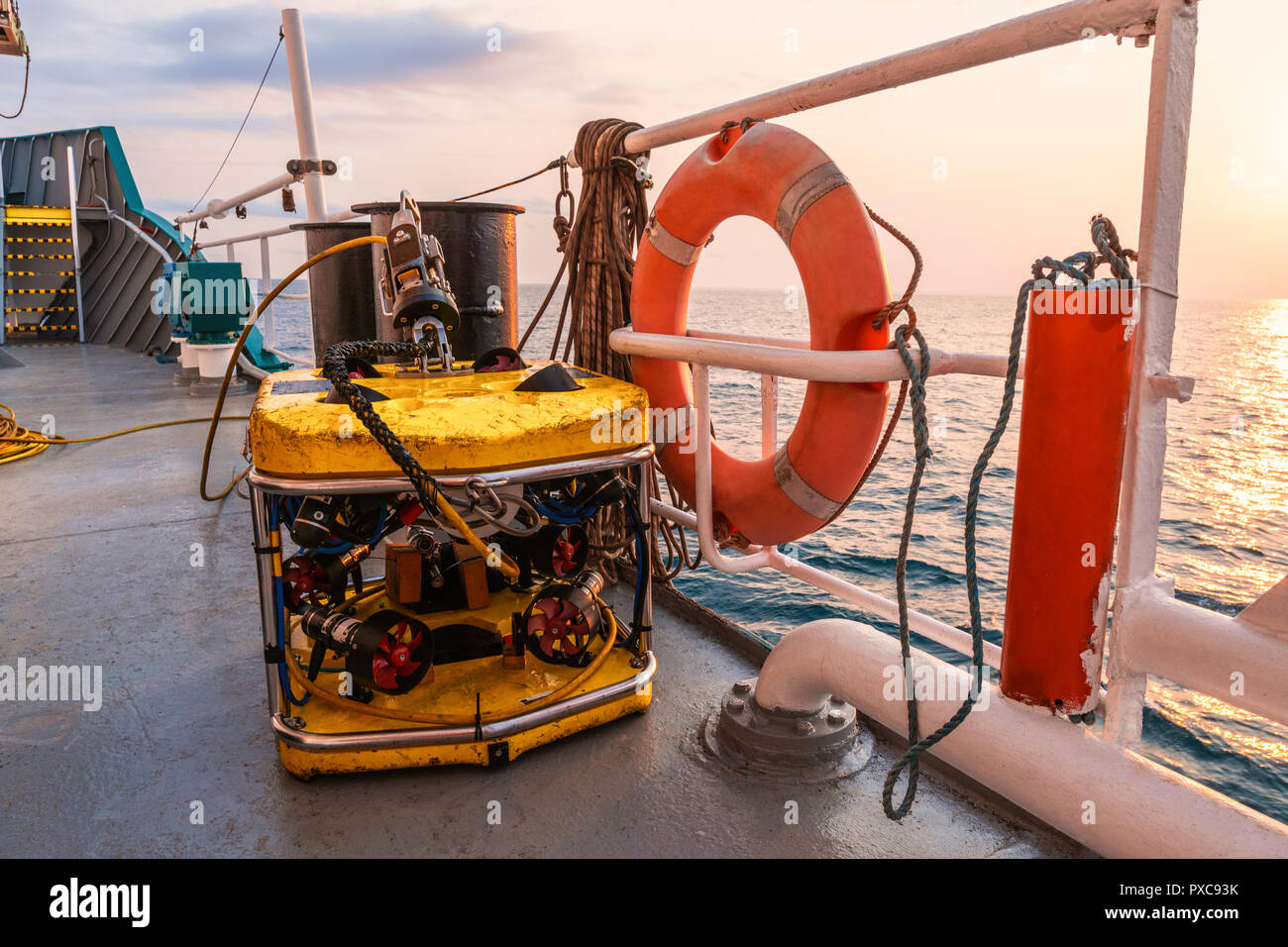 Remote operated vehicle mini ROV on deck of offshore vessel Stock Photo ...