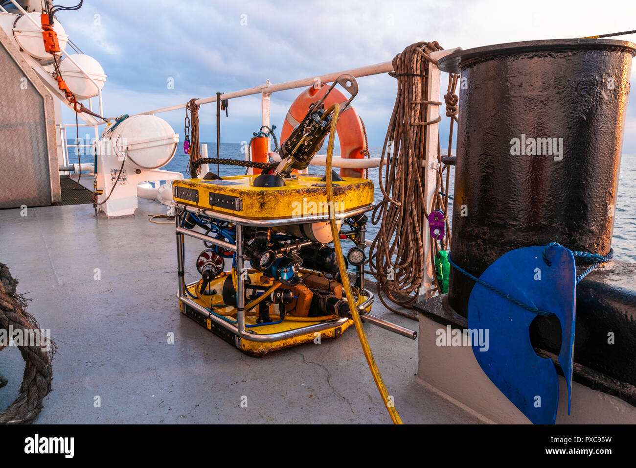 Remote operated vehicle mini ROV on deck of offshore vessel Stock Photo ...